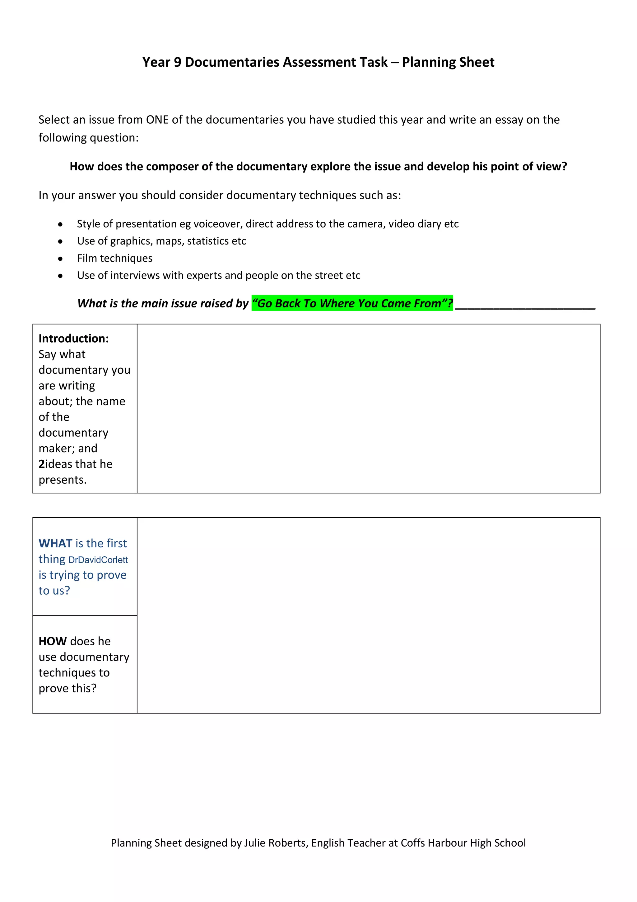 Planning sheet for Documentary Essay writing | DOCX