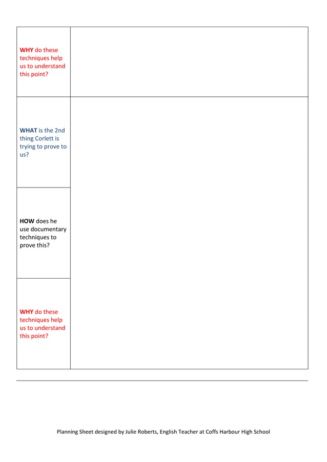Planning sheet for Documentary Essay writing | DOCX