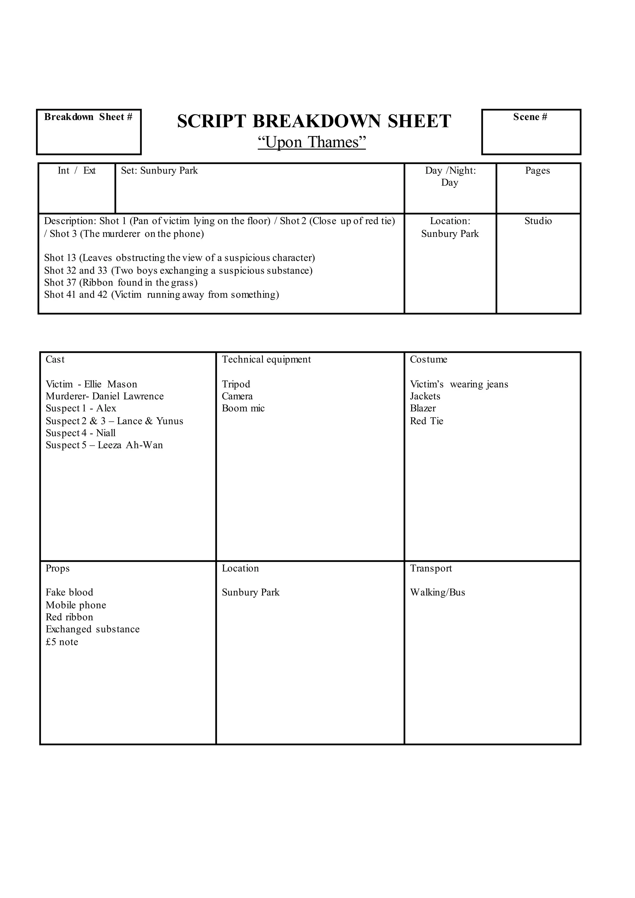 Planning sheet for filimg 1 | PDF