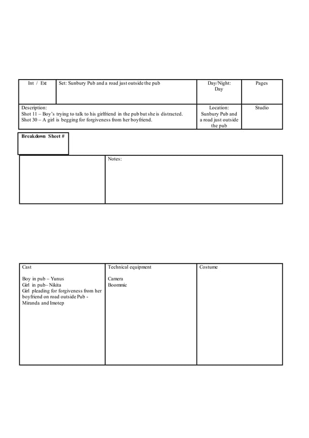 Planning sheet for filimg 1 | PDF