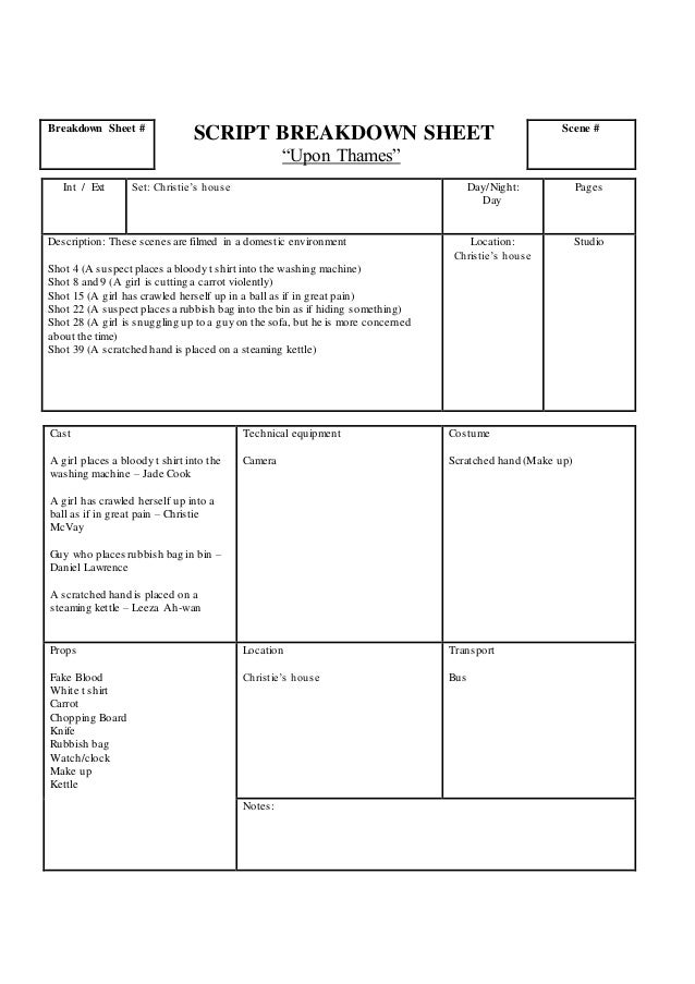 Planning sheet for filming