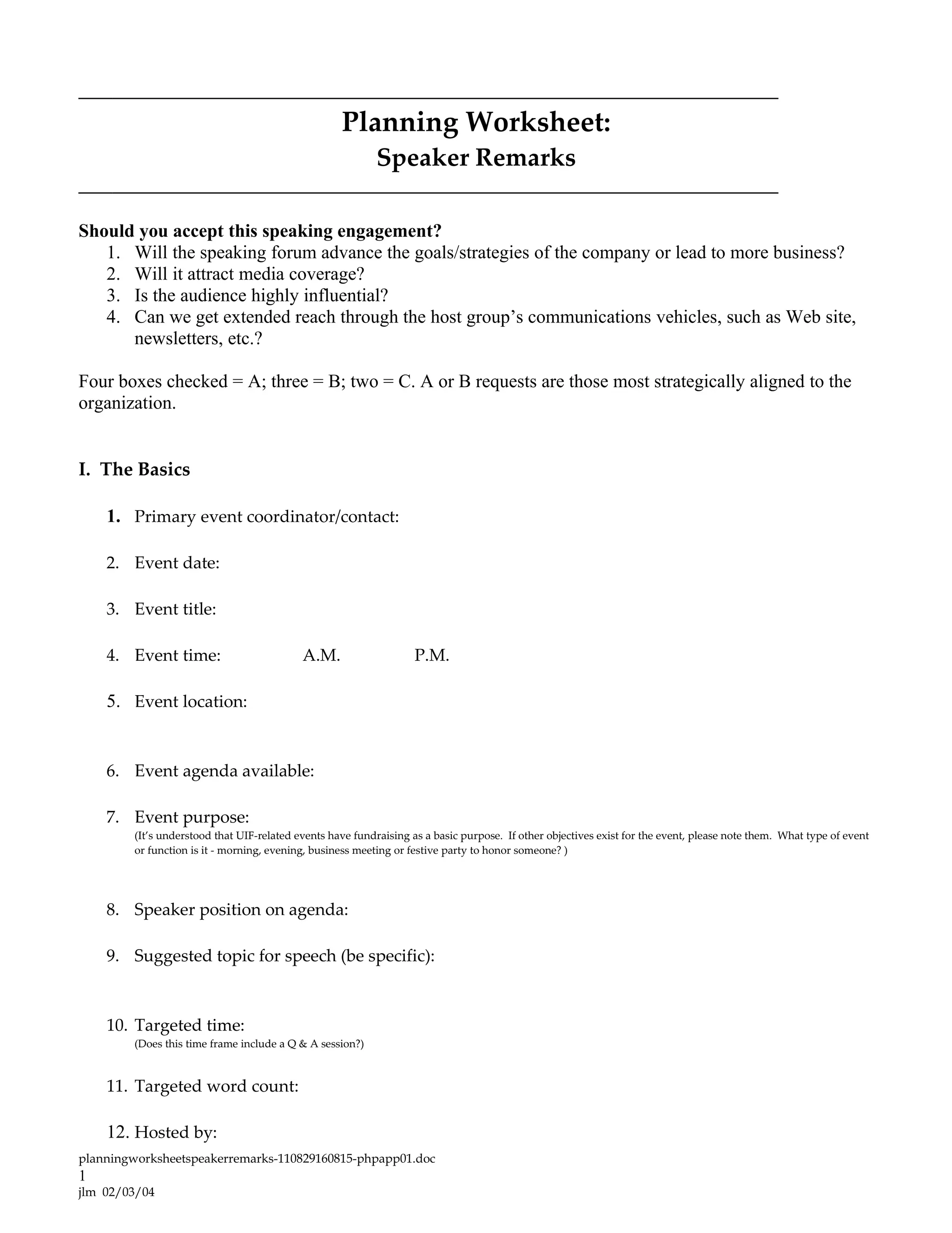 Planning Worksheet for Speeches | DOC