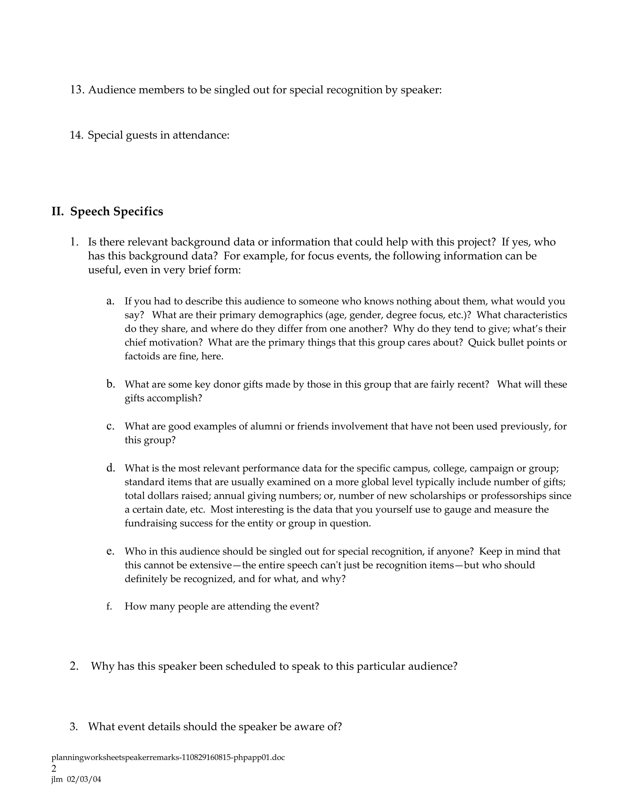 Planning Worksheet for Speeches | DOC