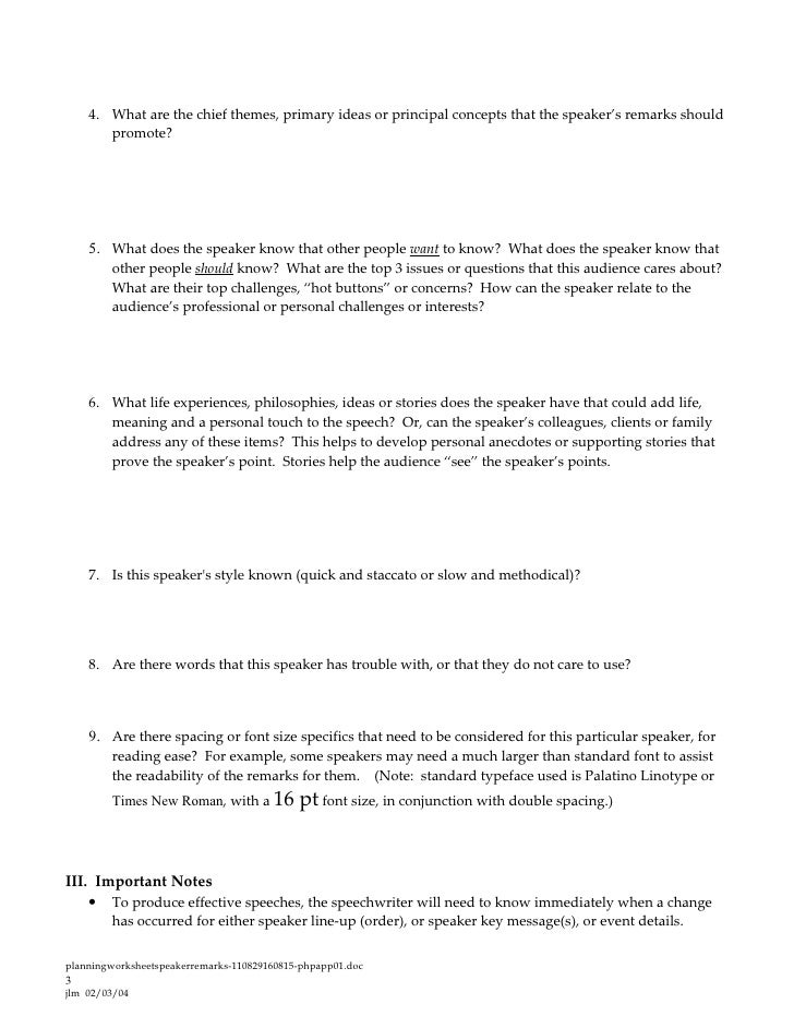 Planning Worksheet for Speeches