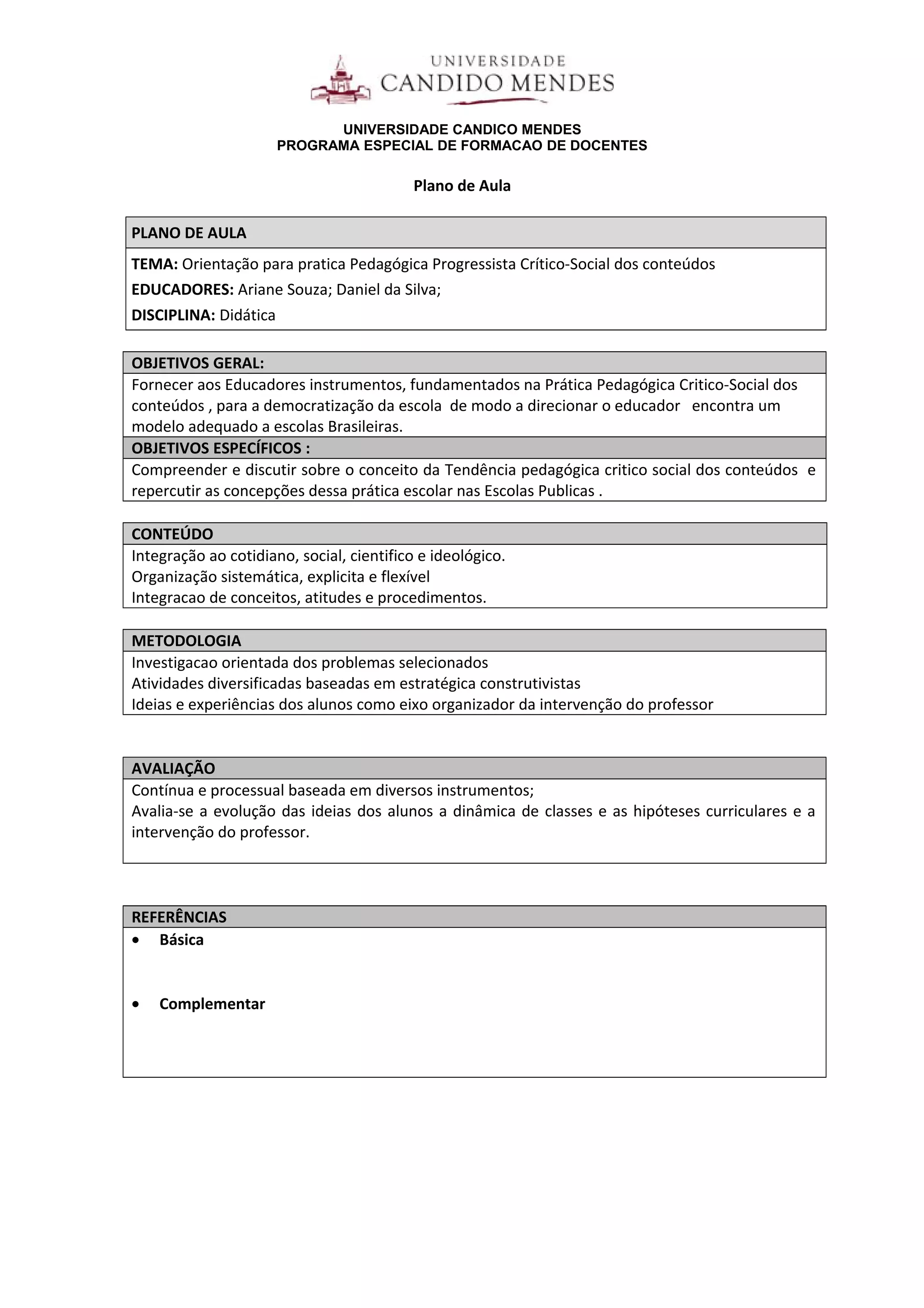 Plano de aula | DOC | Education