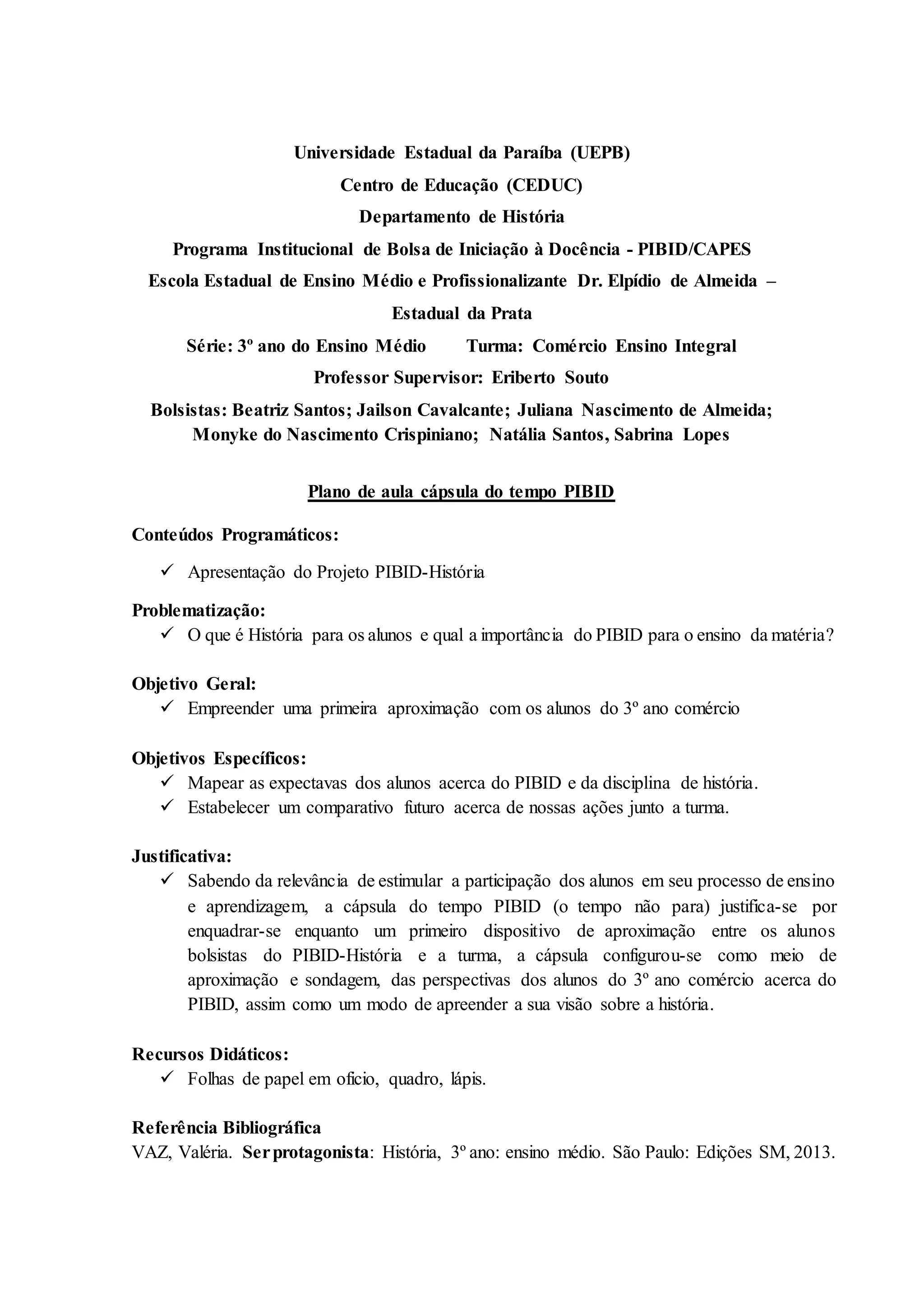 Plano de Aula - Cápsula do Tempo Pibid | DOCX