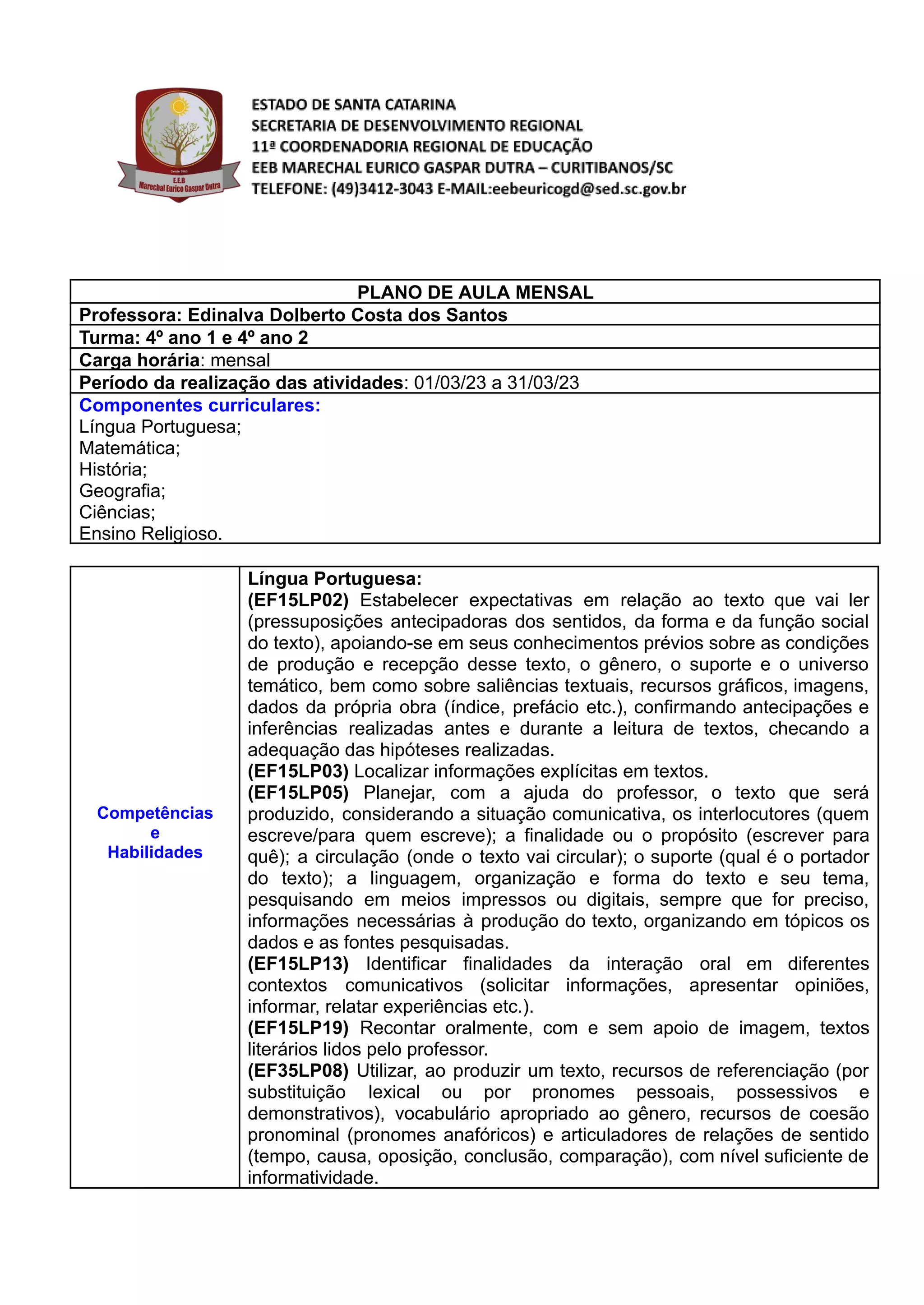 PLANO DE AULA MENSAL MARÇO 4º ano | PDF