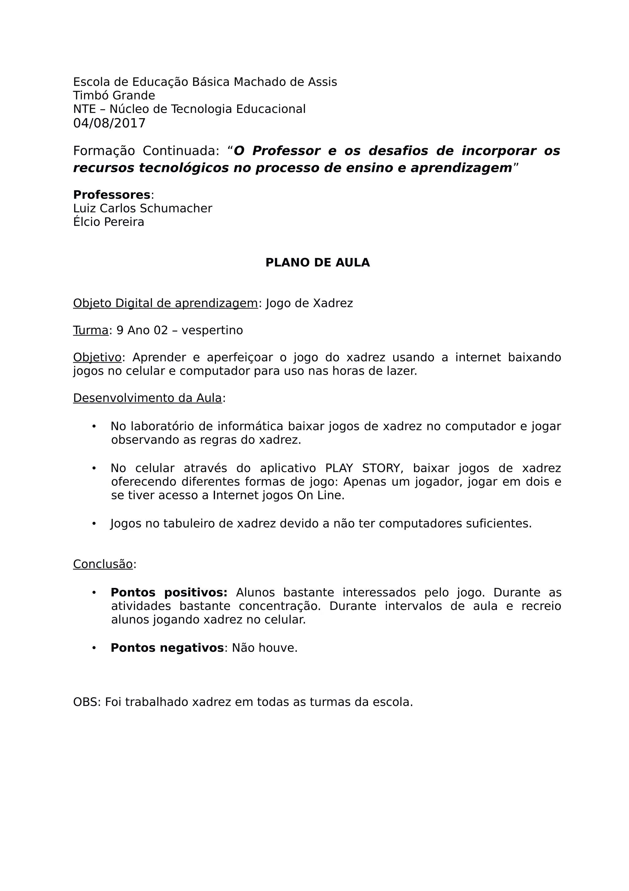 Plano de aula - Xadrez | PDF