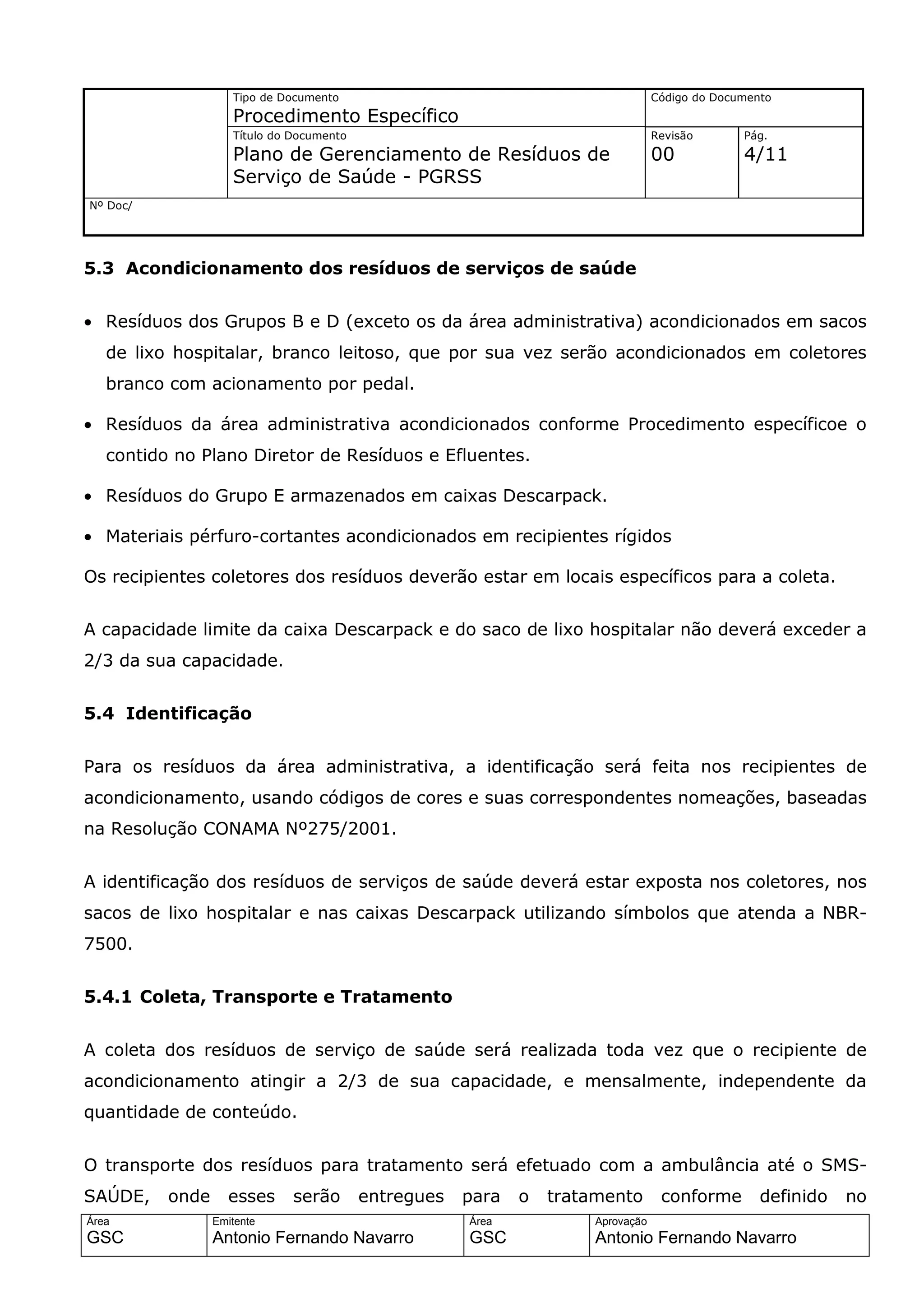Plano de gerenciamento de resíduos de serviços de saúde pgrss | PDF