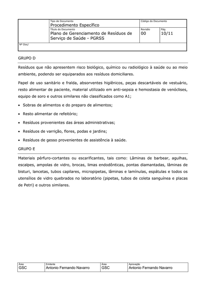 Plano de gerenciamento de resíduos de serviços de saúde pgrss | PDF