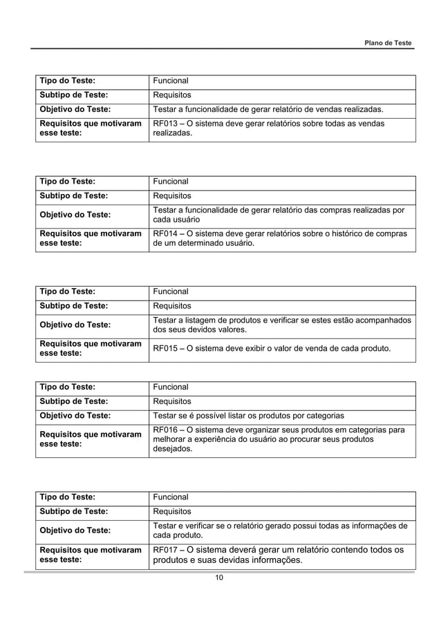 Exemplo de Plano de testes | PDF