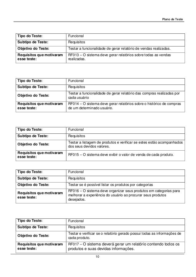 Exemplo de Plano de testes