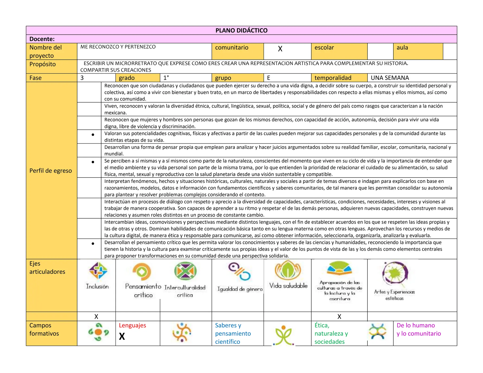PLANO DIDACTICO proyecto soy unico y me pertenezco | DOCX