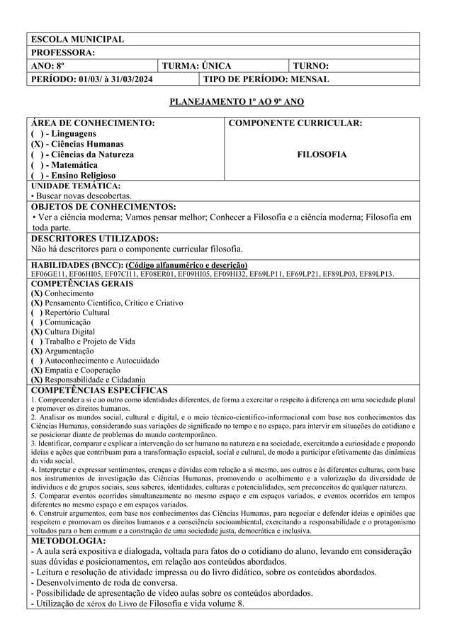 PLANO MENSAL DE FILOSOFIA DO 8º ANO DO ENSINO FUNDAMENTAL. | PDF ...