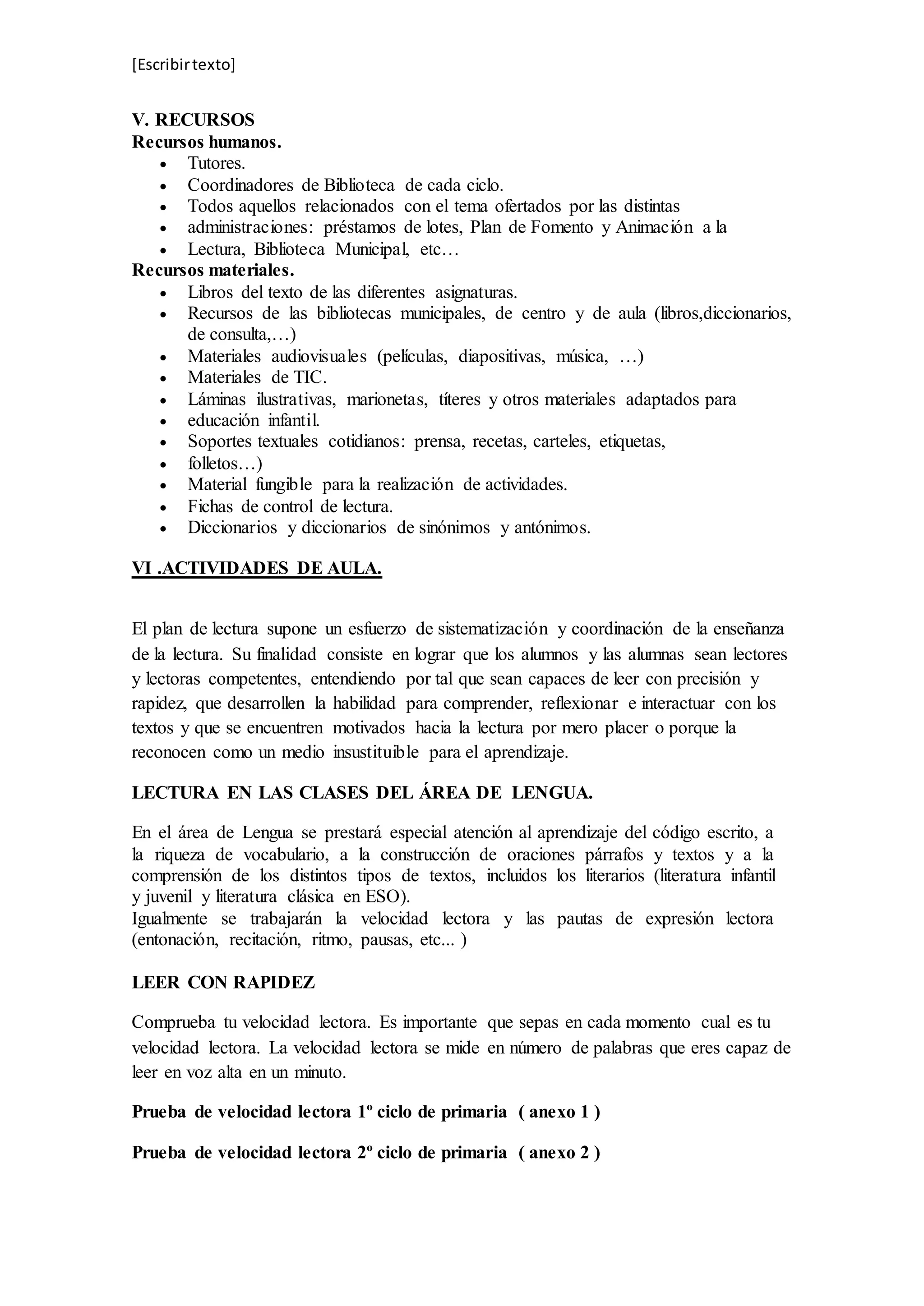 Plan para el fomento de la lectura | DOCX