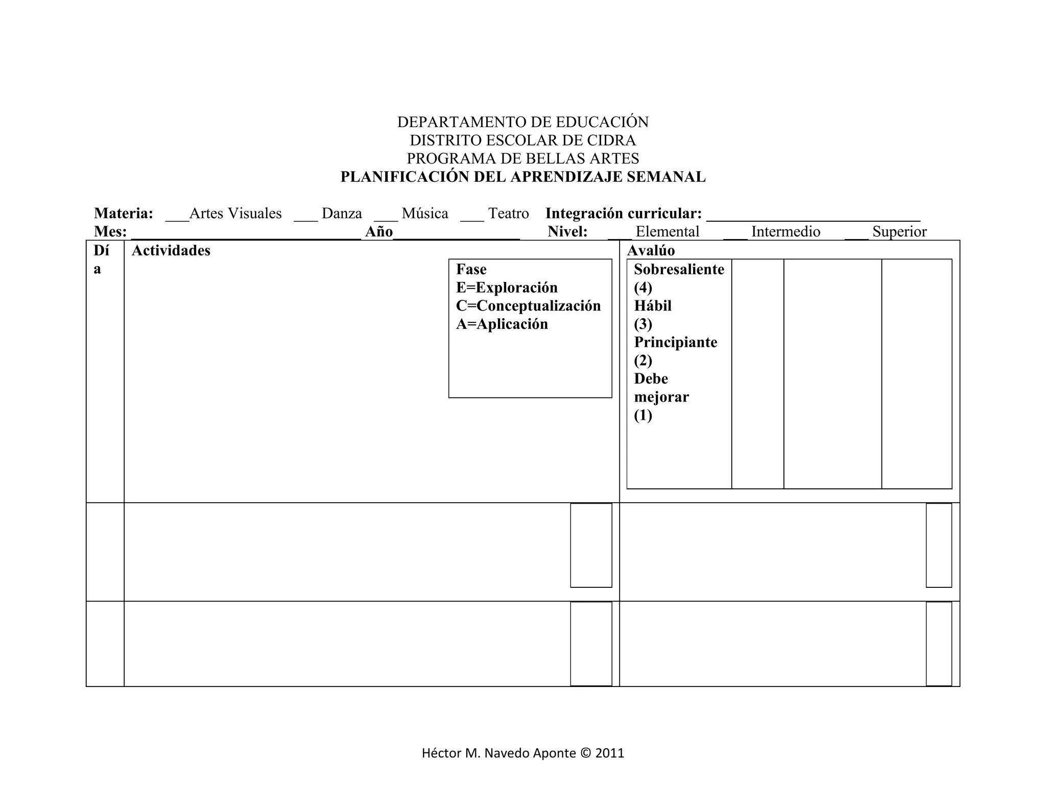 Plan semanal para maestros de bellas artes | DOC