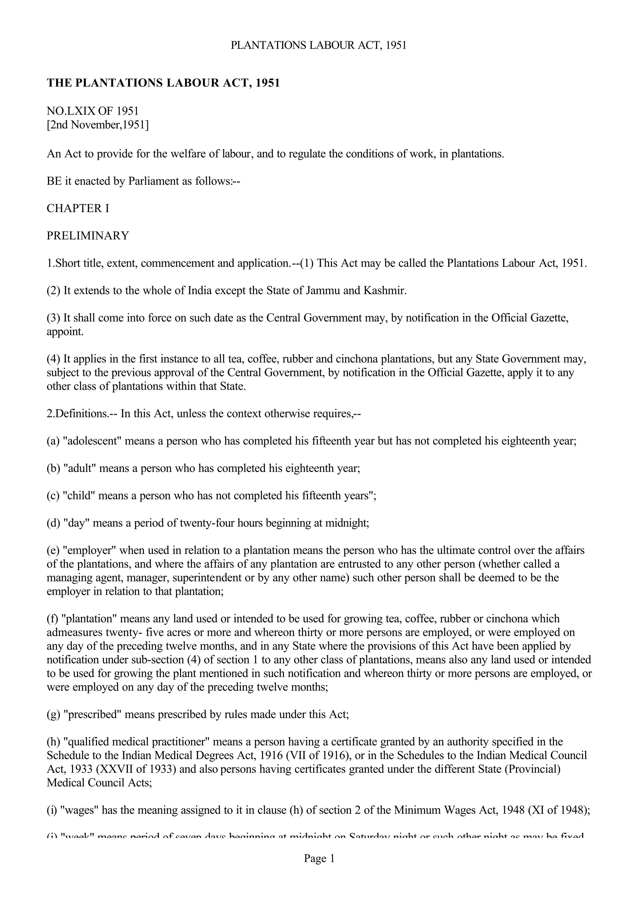 Plantationlabour act-1951 | PDF