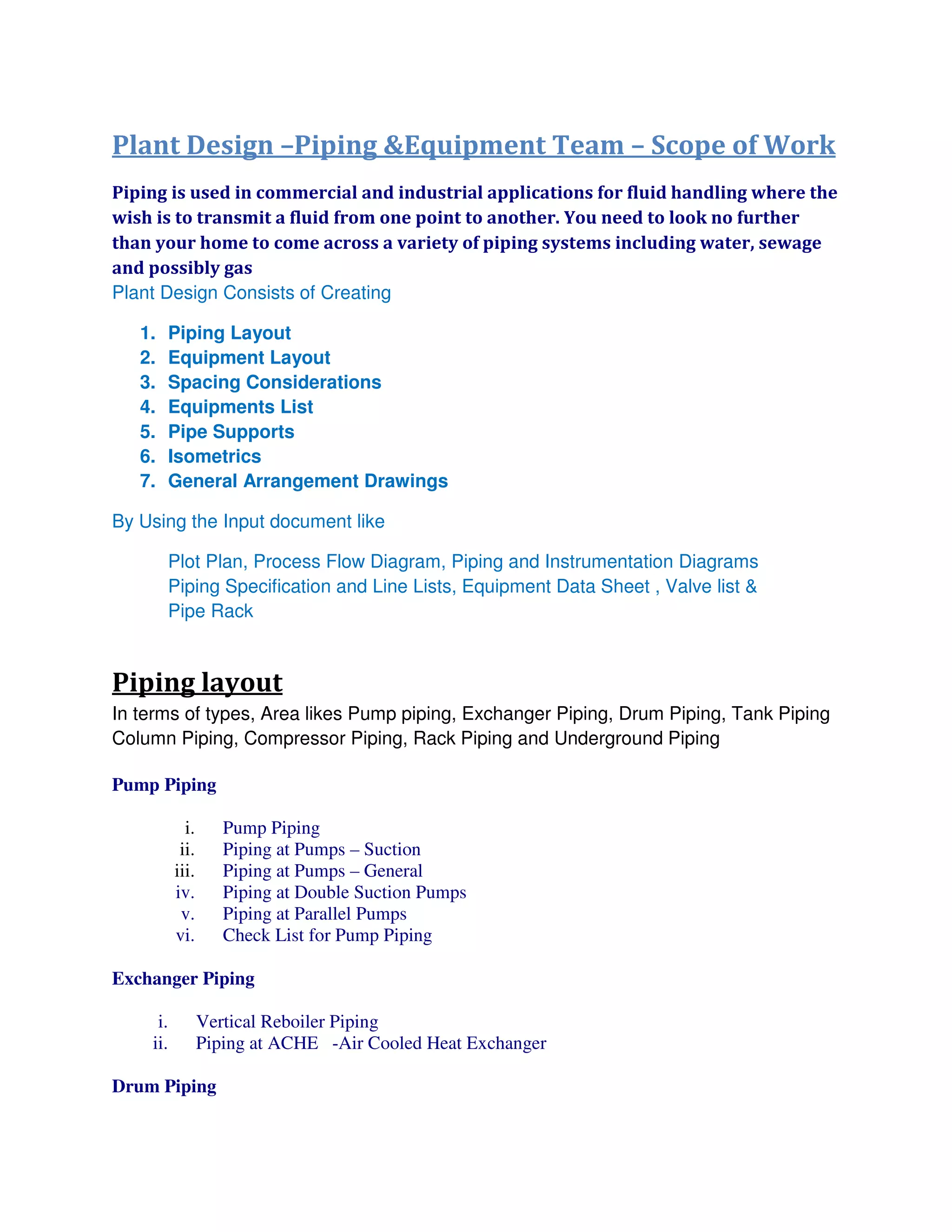 Plant design piping & equipment team scope of work | PDF