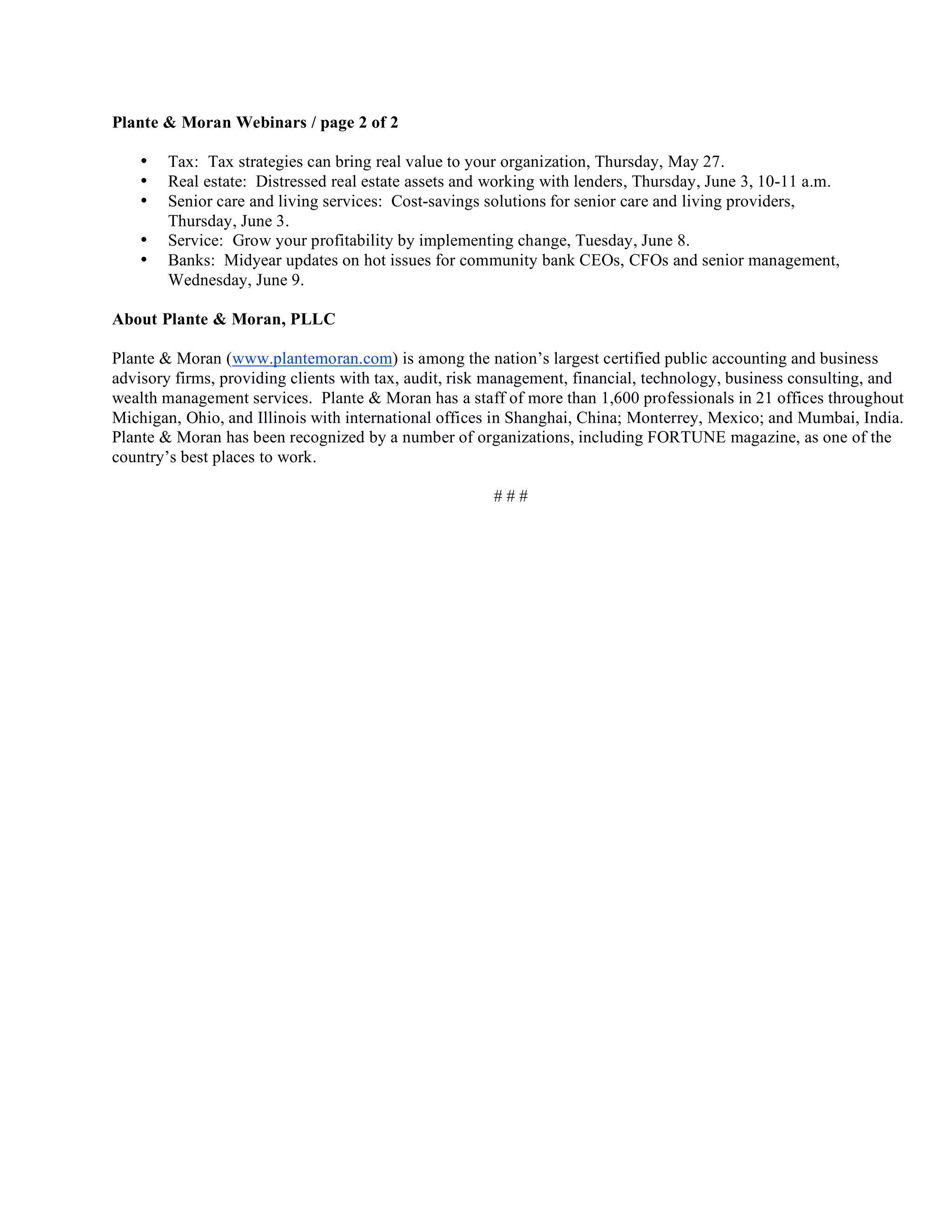Plante & Moran Expands Business Webinar Schedule | PDF