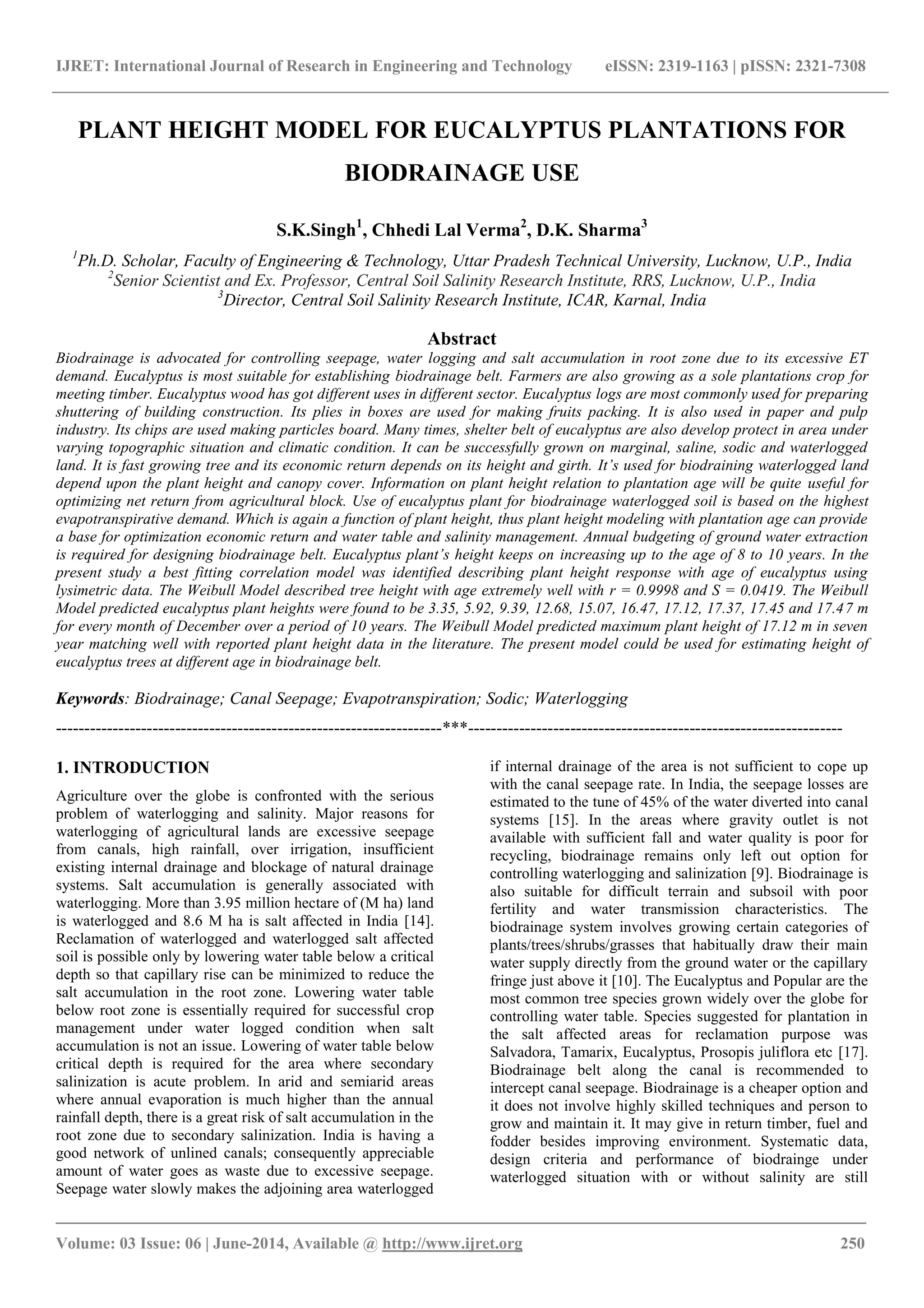 Plant height model for eucalyptus plantations for biodrainage use | PDF