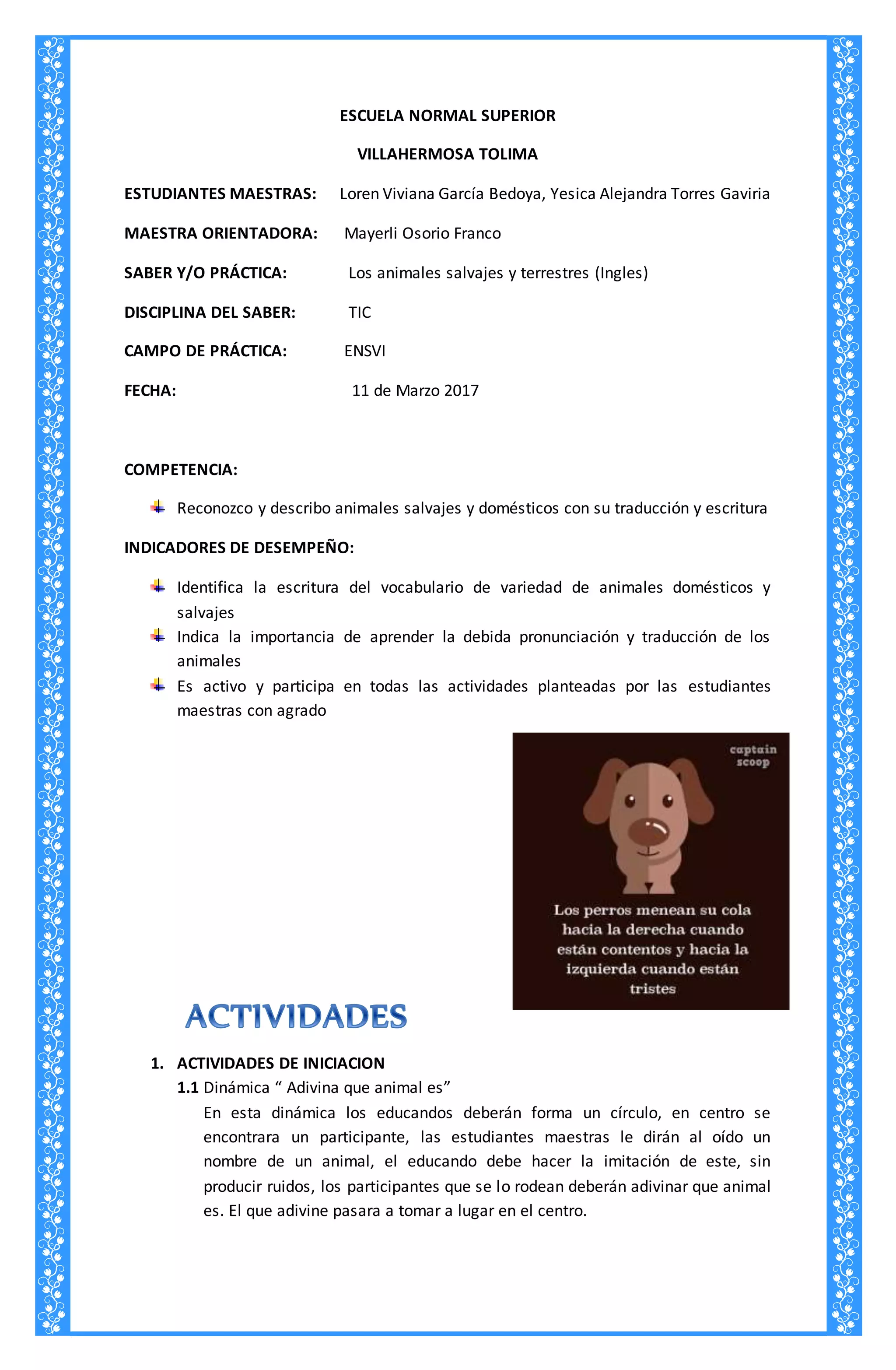 Plan tic los animales (En ingles) | DOCX