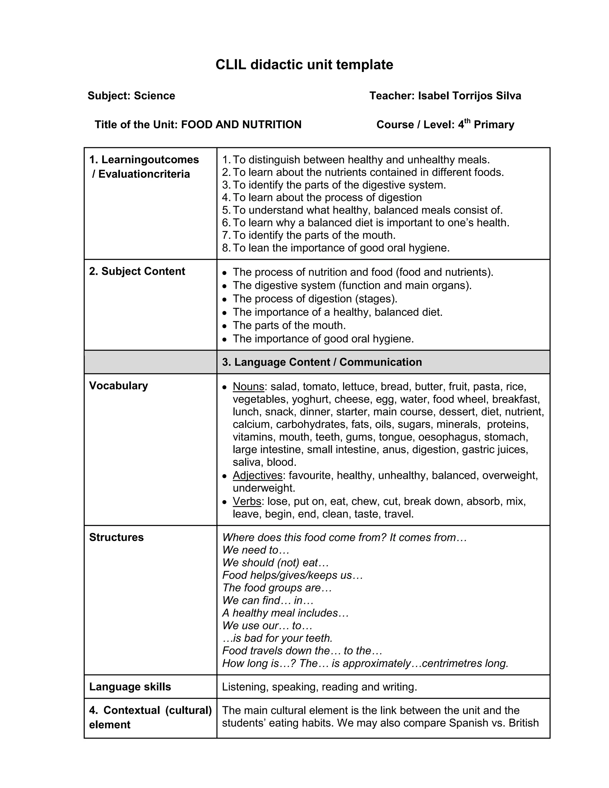 Food and nutrition CLIL unit | DOCX