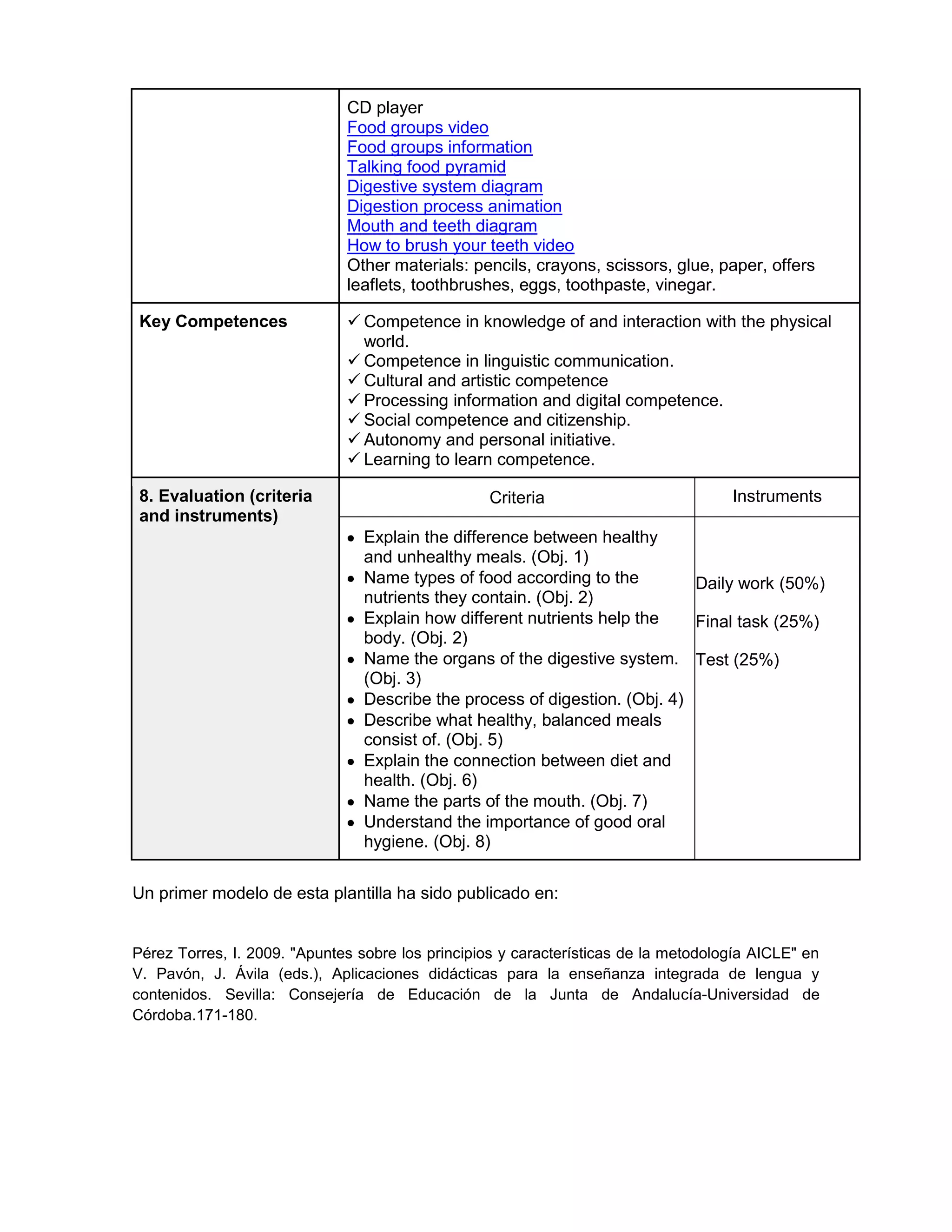 Food and nutrition CLIL unit | DOCX