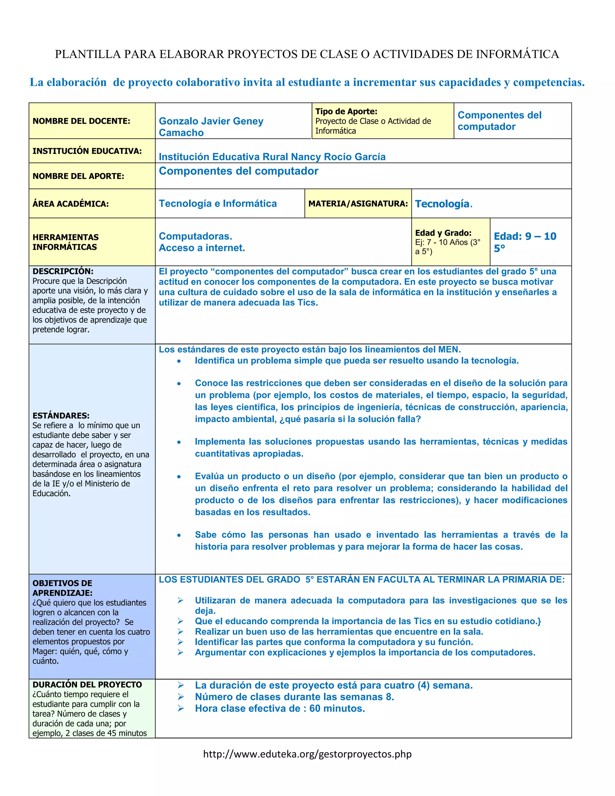 Plantilla para elaborar proyectos de clase o actividades de informática ...