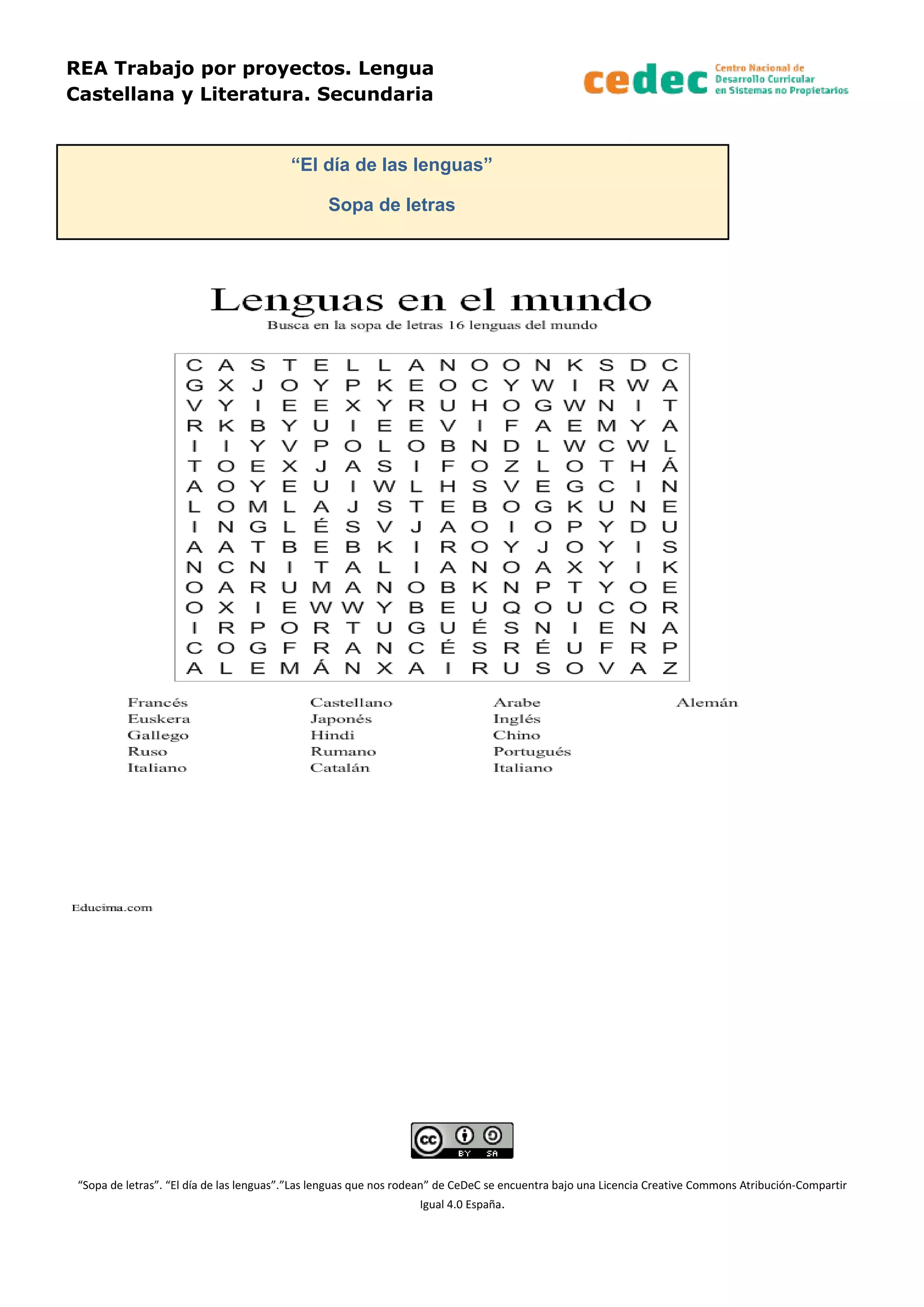 "El día de las lenguas" (Sopa de letras) | ODT