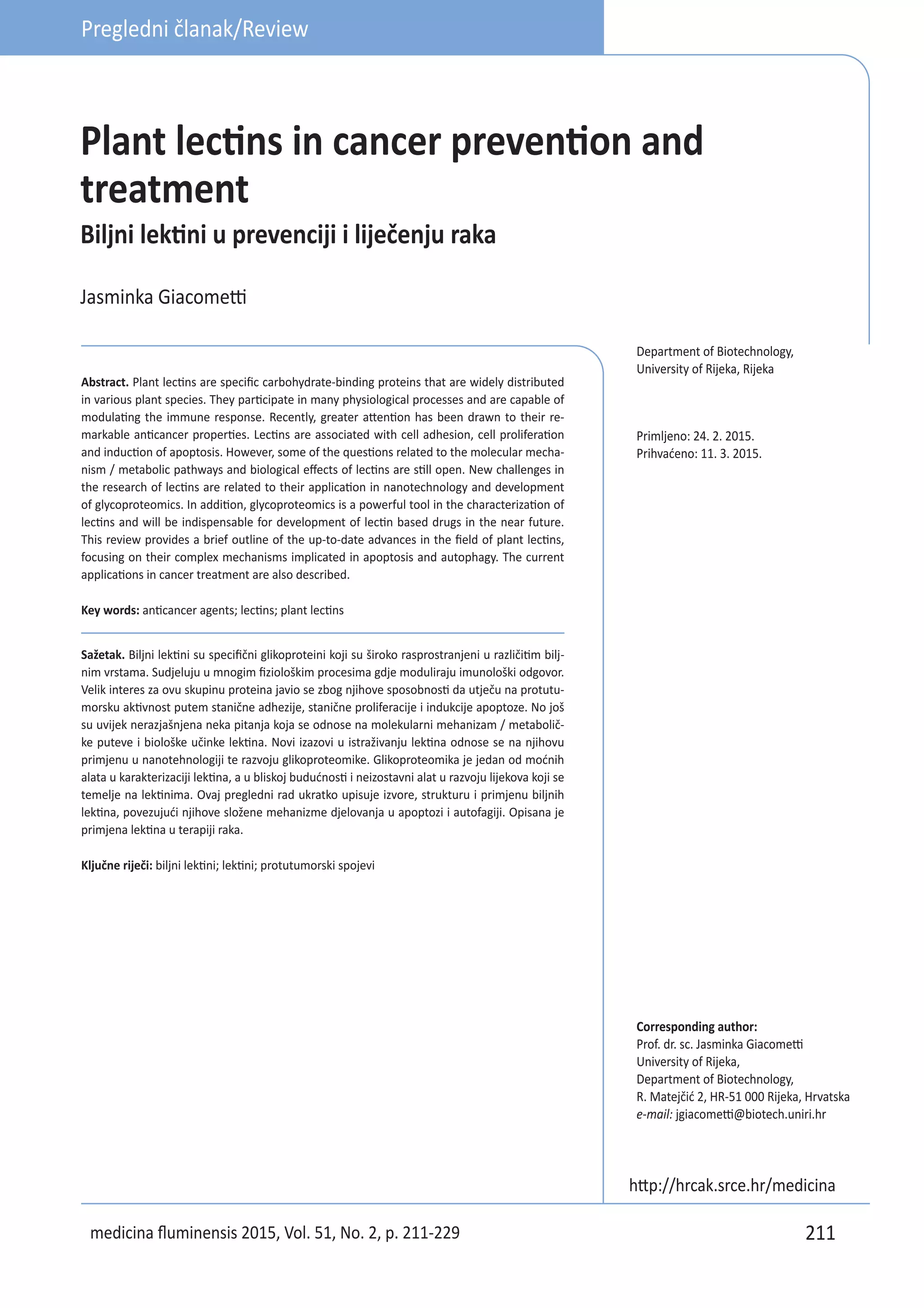Plant lectins in cancer prevention and treatment | PDF