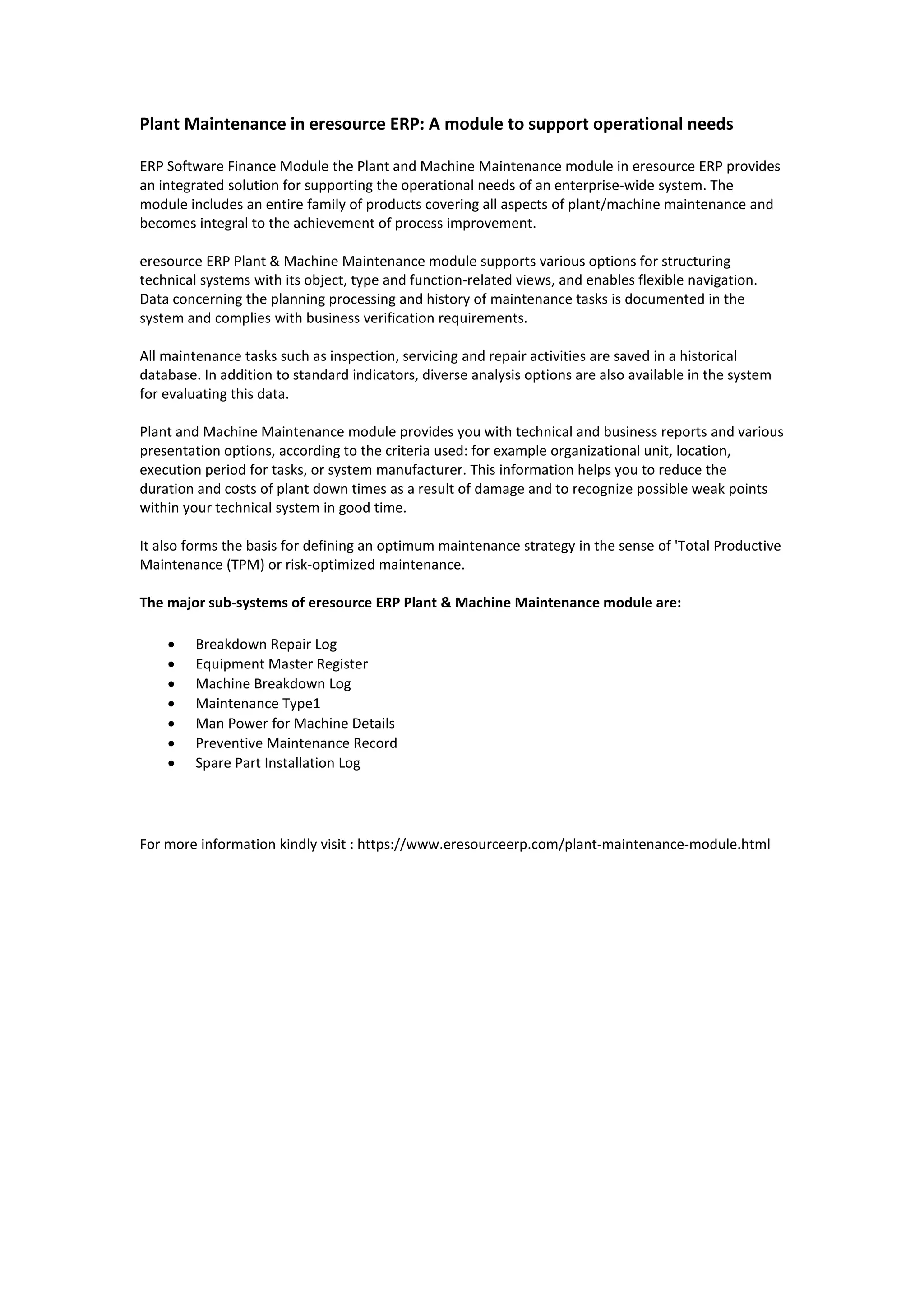 Plant maintenance in eresource erp | PDF