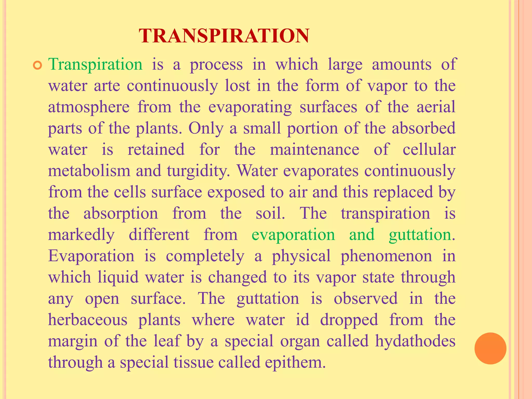 Transpiratrion: Types, mechanism, factors & significance | PDF