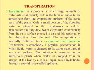 Transpiratrion: Types, mechanism, factors & significance | PDF
