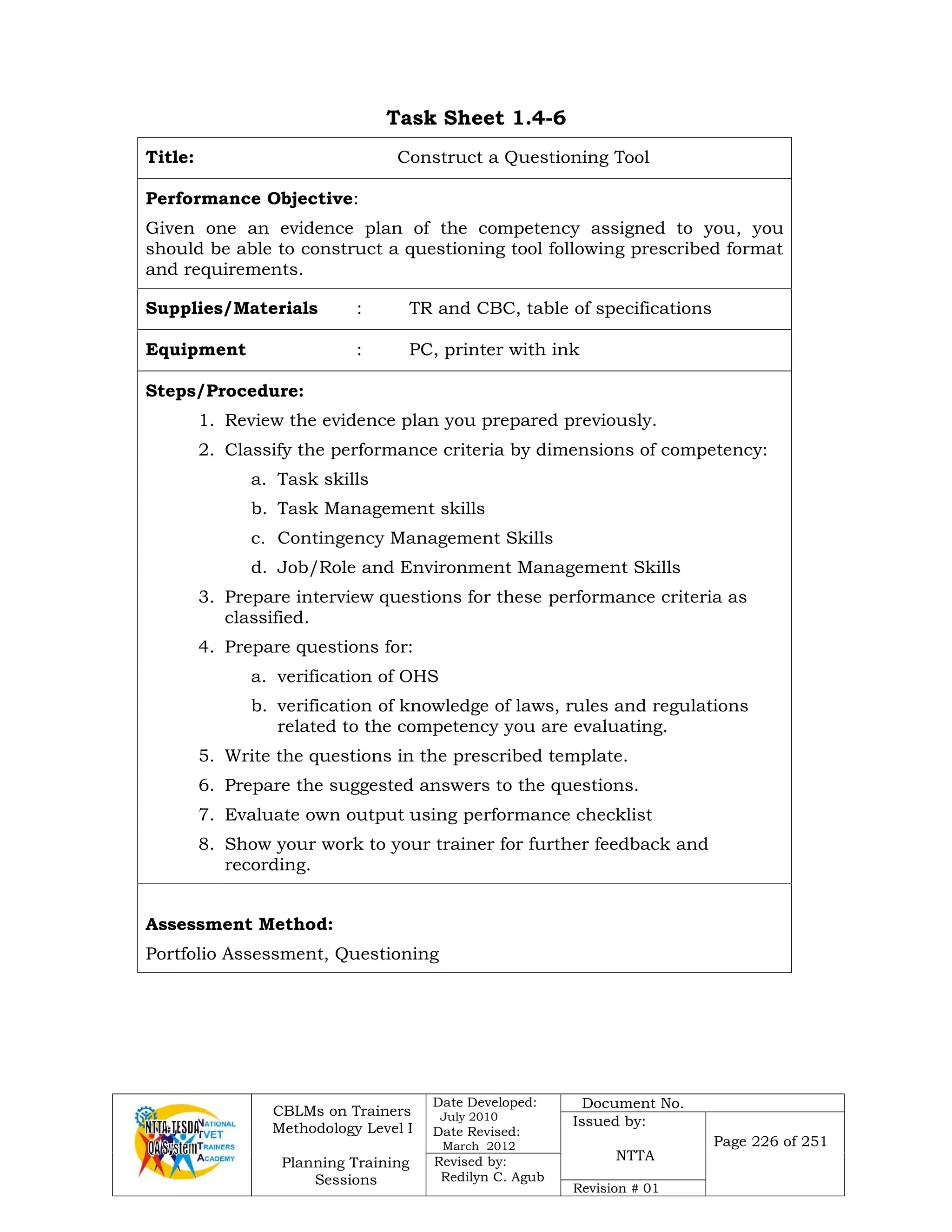 Plan training sessions | PDF