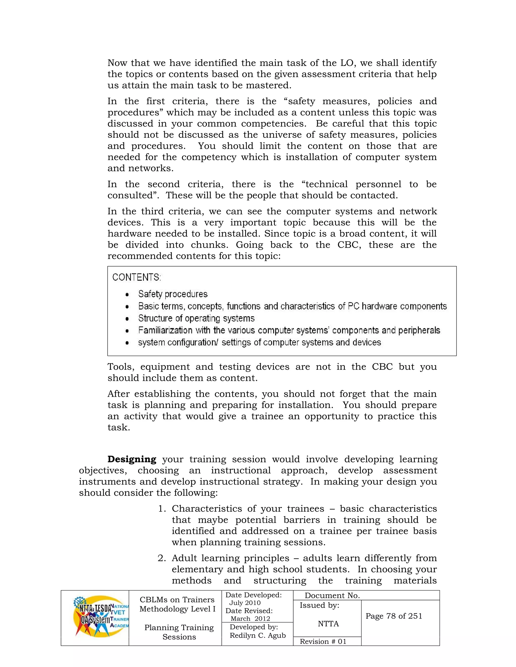 Plan training sessions | PDF