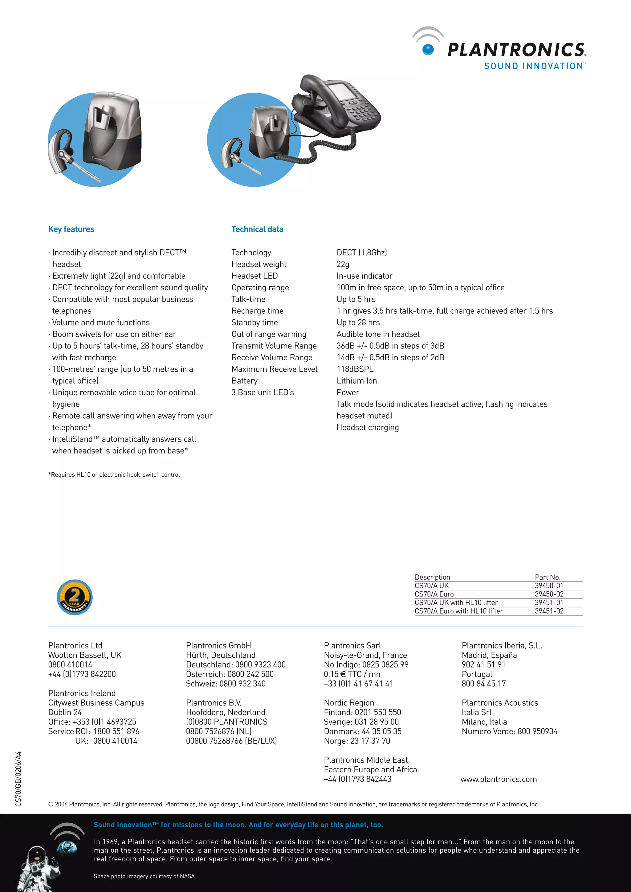Plantronics cs70 data sheet | PDF