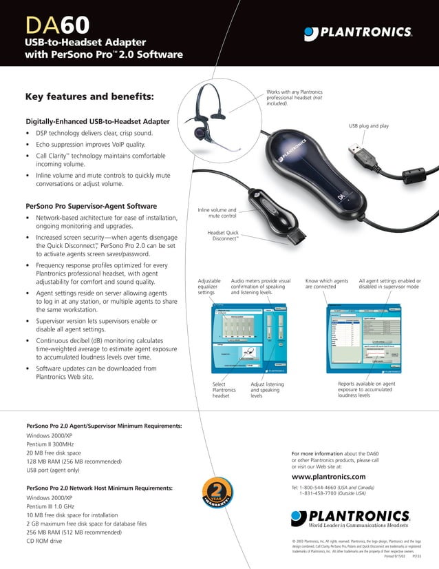 Plantronics da60 data sheet | PDF