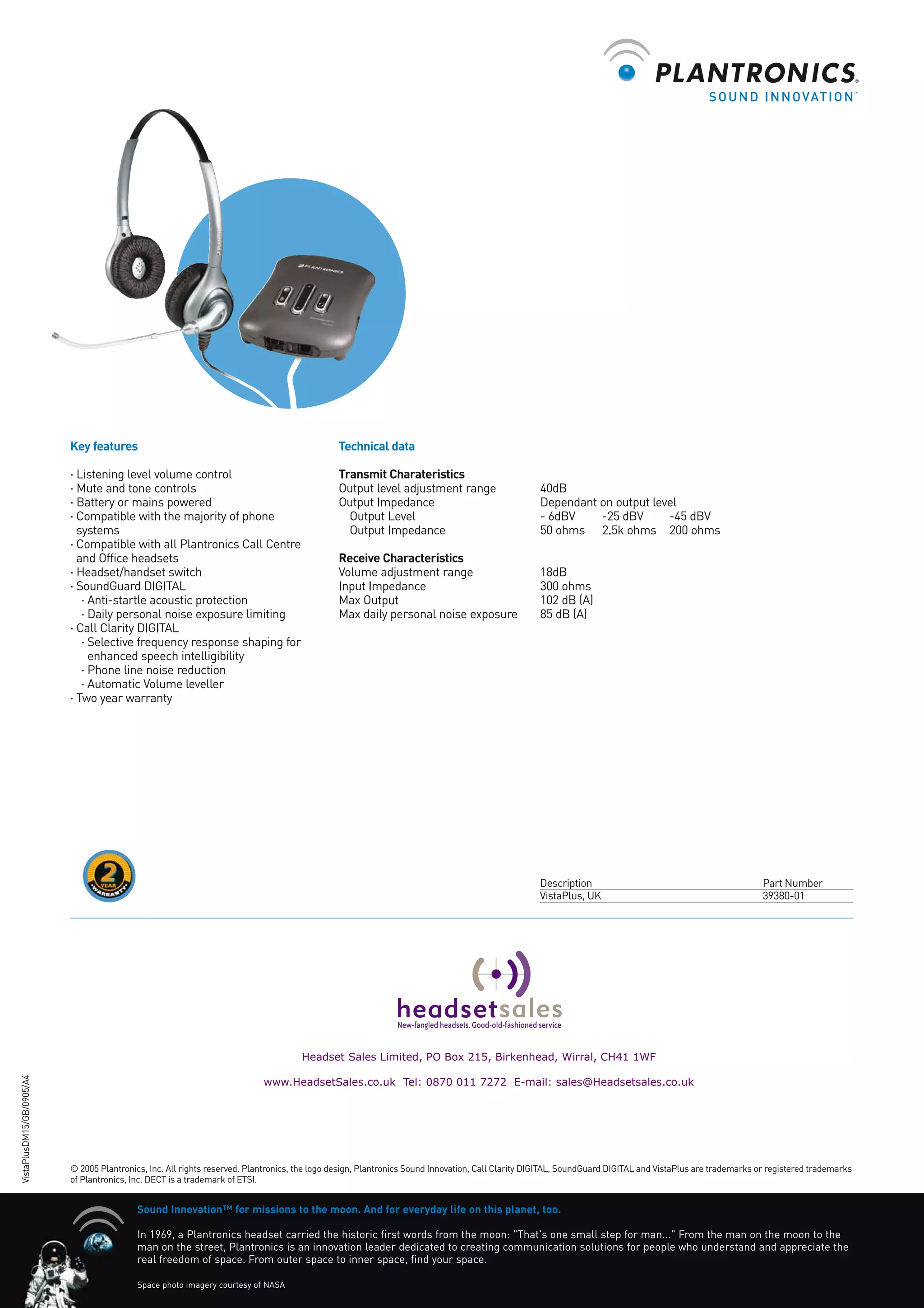 Plantronics vista plus dm15 amplifier data sheet | PDF