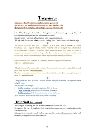 Totipotency or Plant Tissue Culture Detailed Notes | PDF