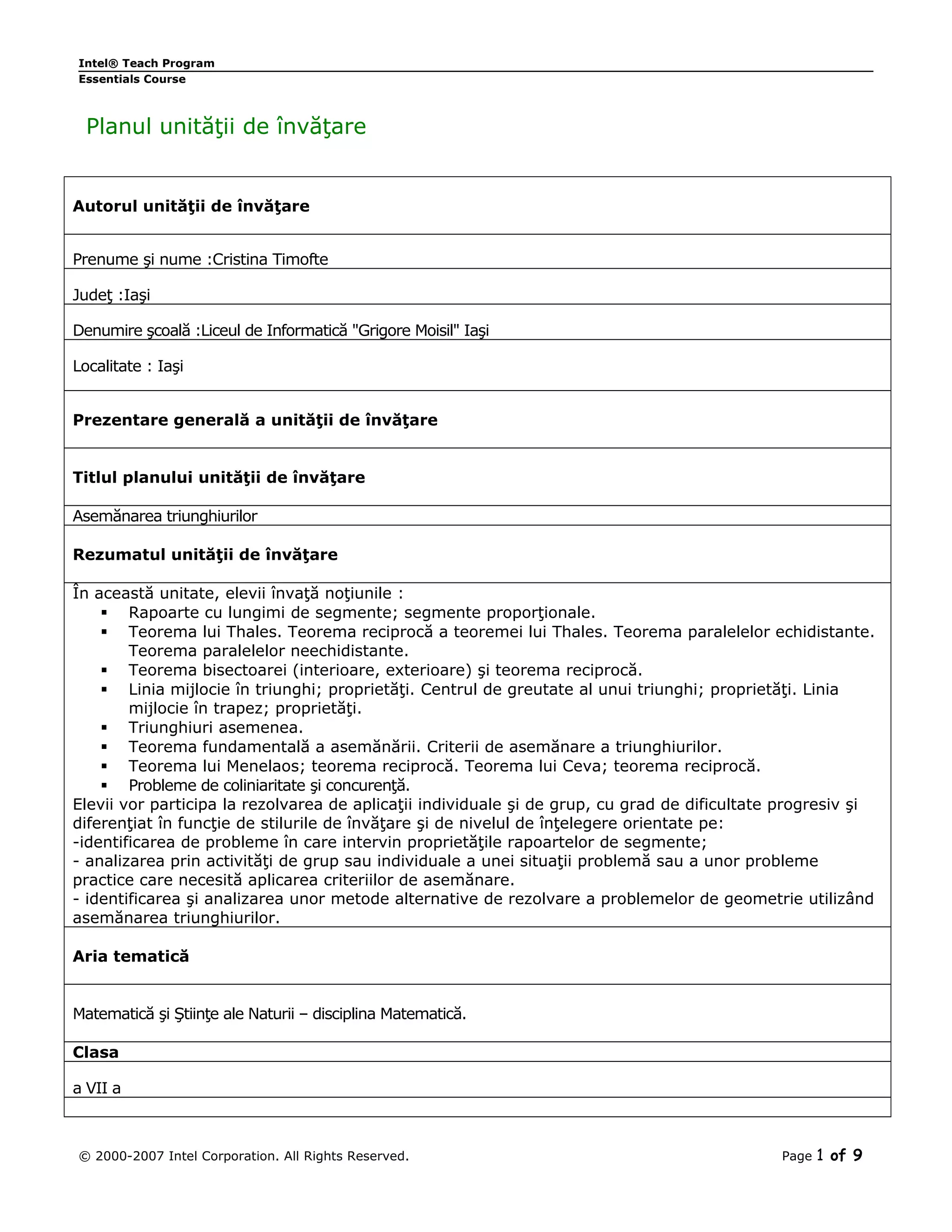 Planul unitatii de invatare | DOC
