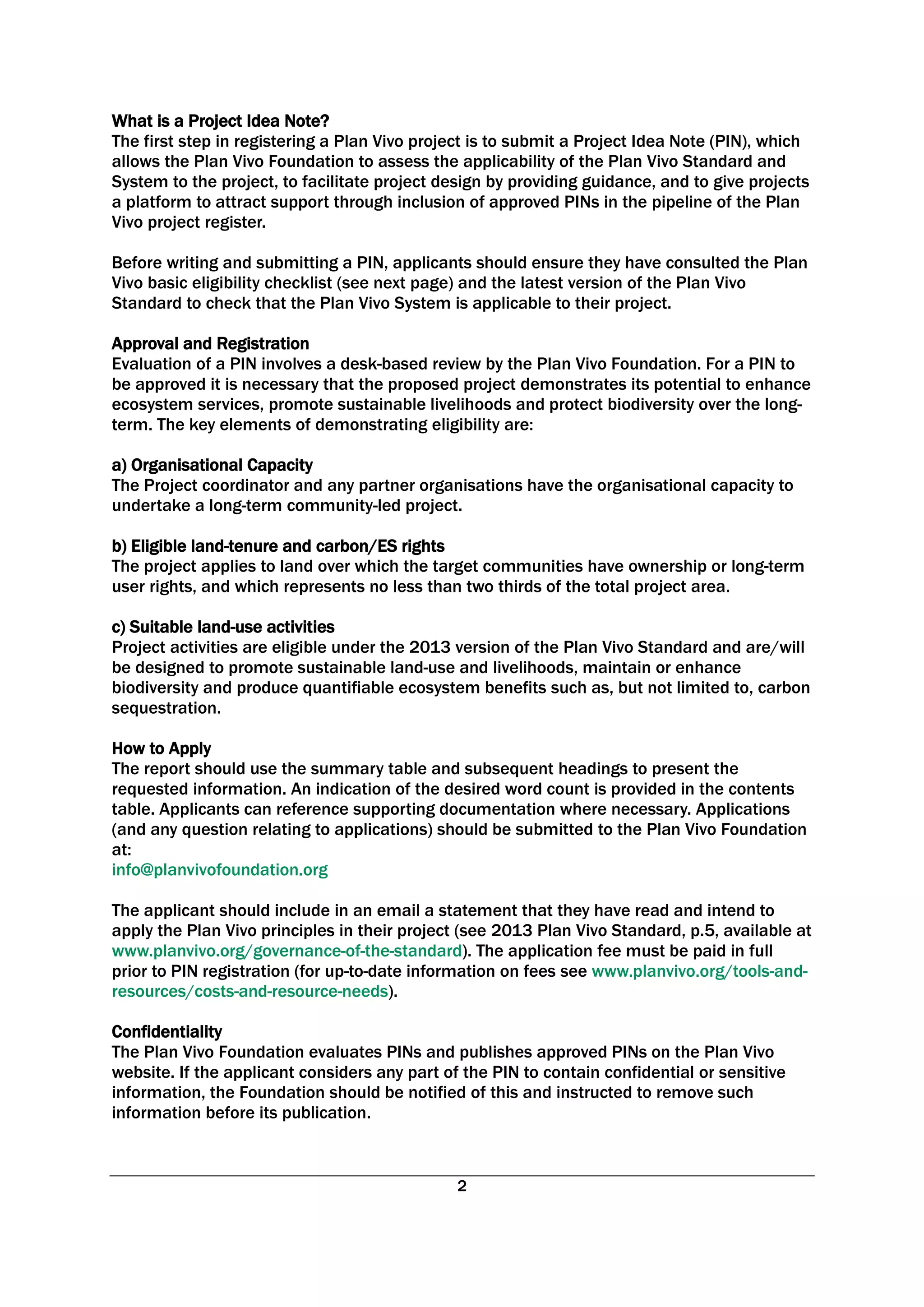 Plan Vivo project idea note (pin) template & guidance | DOCX