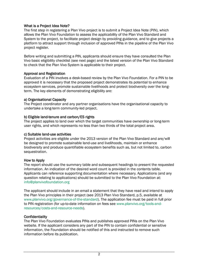 Plan Vivo Project Idea Note (PIN) Template & Guidance | PDF ...