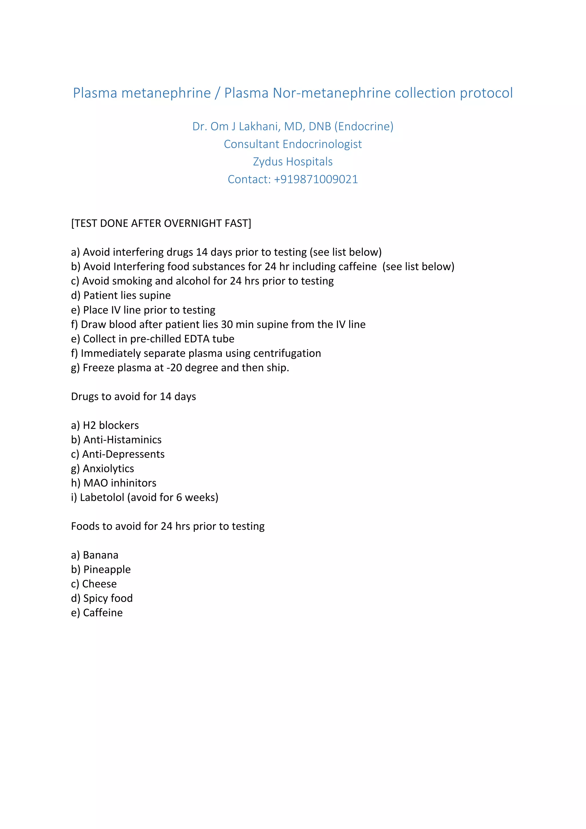 Plasma metanephrine and normetanephrine sample collection protocol | PDF