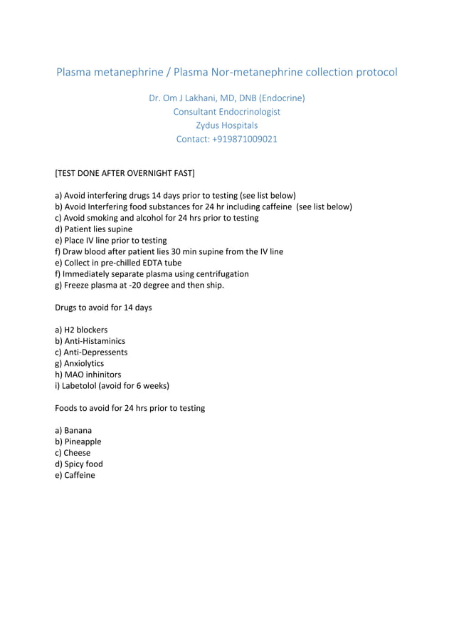 Plasma metanephrine and normetanephrine sample collection protocol ...