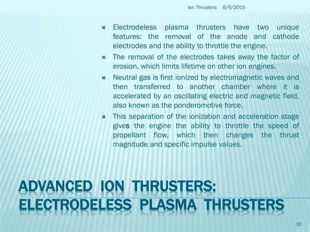 ION THRUSTERS (an application of plasma physics) ppt | PDF | Chemistry | Science