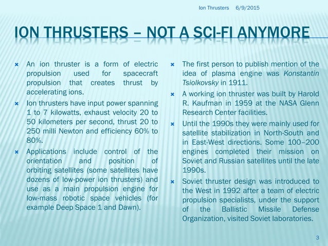 ION THRUSTERS (an application of plasma physics) ppt | PDF | Chemistry | Science