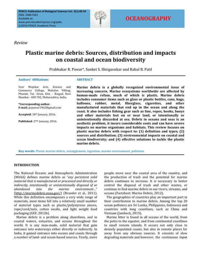 Plastic marine debris sources, distribution and impacts on coastal and ...