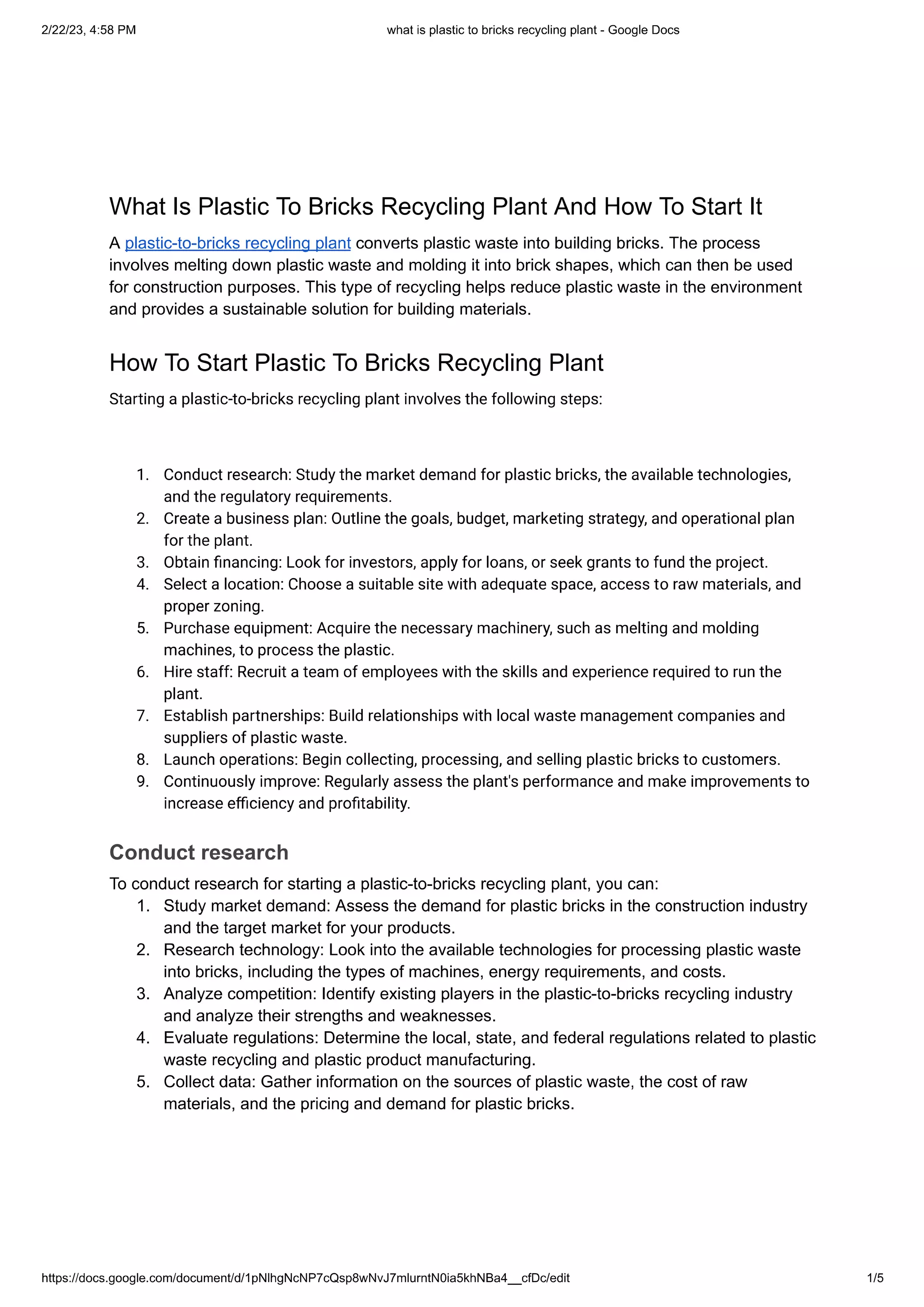 What Is Plastic To Bricks Recycling Plant And How To Start It | PDF