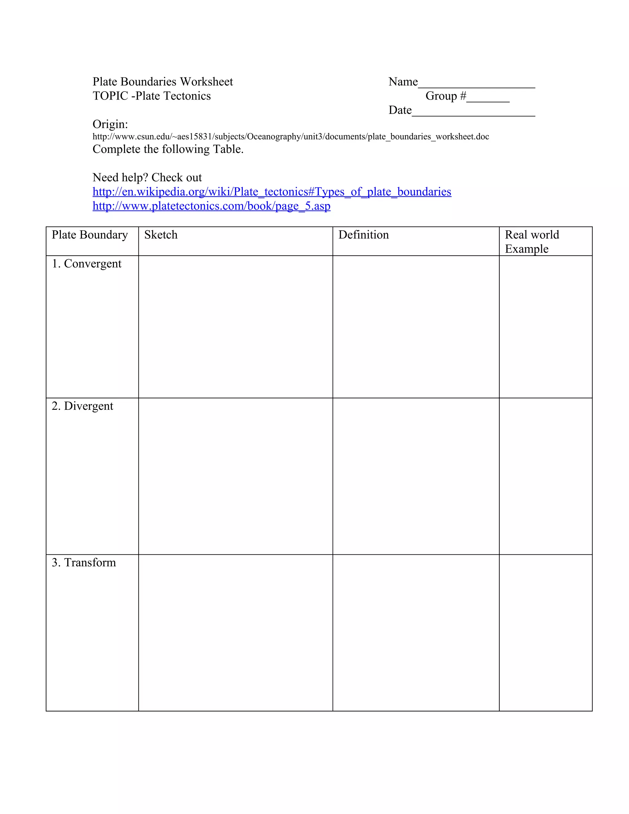 Plate Boundaries Worksheet | DOC