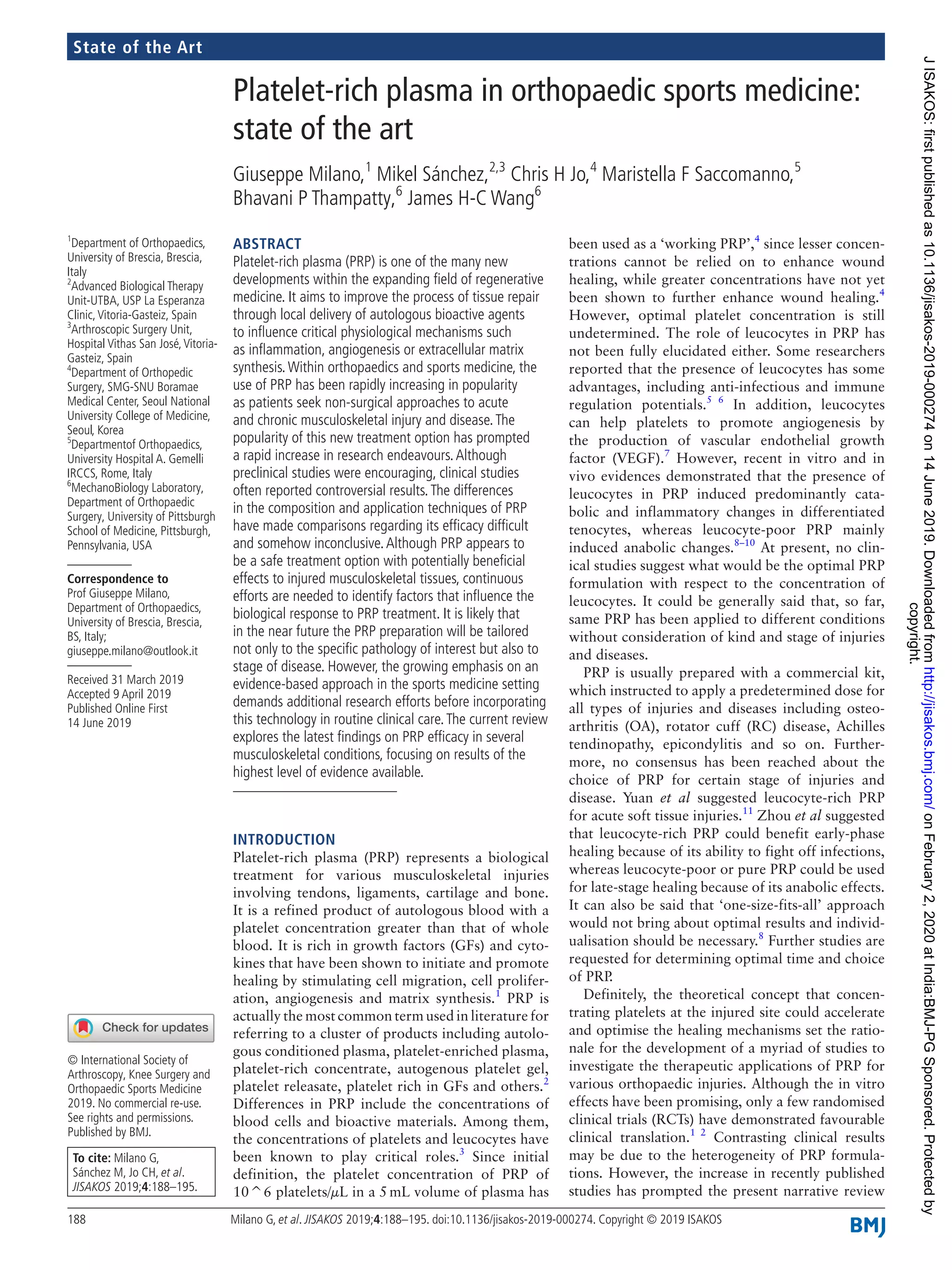 Platelet rich plasma (prp) in orthopaedic sports medicine | PDF